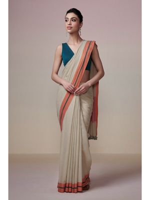 Buy Handwoven Earthy Beige and Orange Handloom 100% Pure Cotton Saree ...