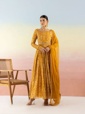 Buy Basanti Kapde aur Koffee Yellow Sequin Embroidered Anarkali with ...