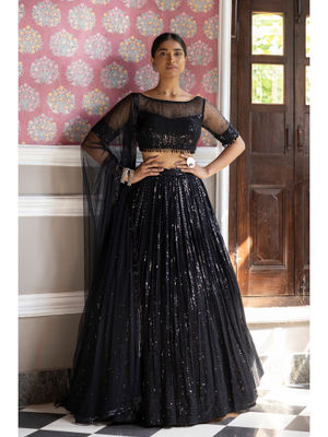 Buy Basanti Kapde aur Koffee Black Sequins Lehenga Blouse with Dupatta ...