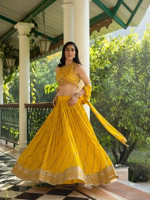 Buy Basanti Kapde aur Koffee Canary Yellow Embroidered Lehenga Blouse ...