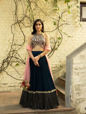 Buy Basanti Kapde aur Koffee Teal Blue Mirror Embroidered Lehenga ...