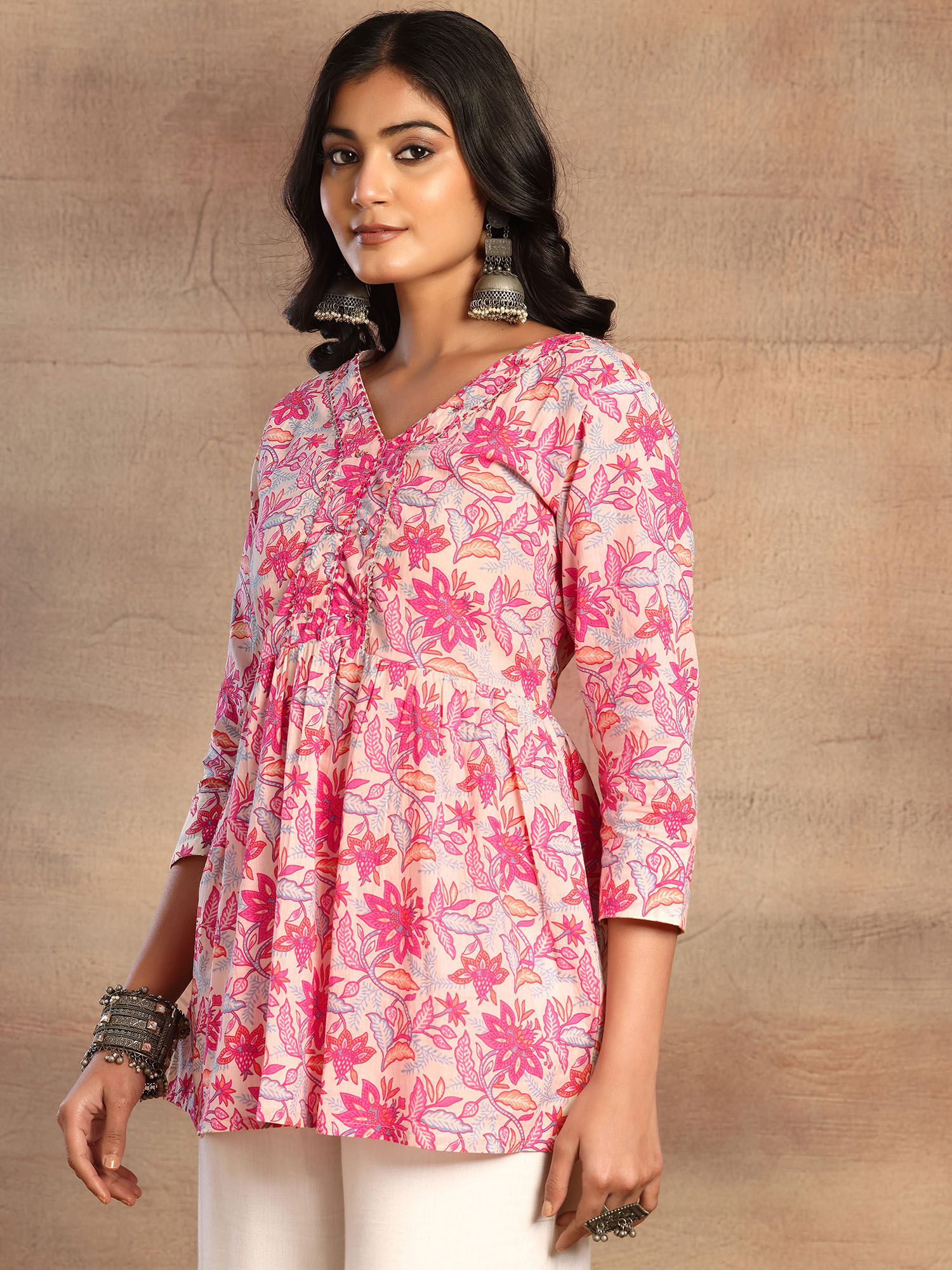 Buy Indya Beige Floral Print Cotton Short Peplum Kurtis Online