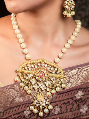 Buy AG'S Pink Stones Gold Plated Long Kundan Pendal Set Online
