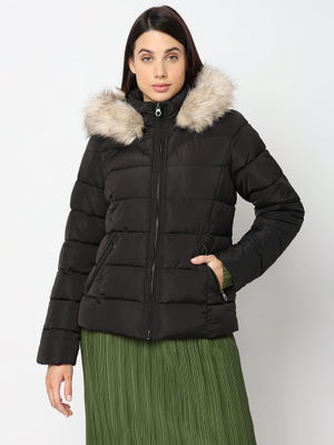 Buy Vero Moda Black Faux Fur Hood Puffer Jacket online