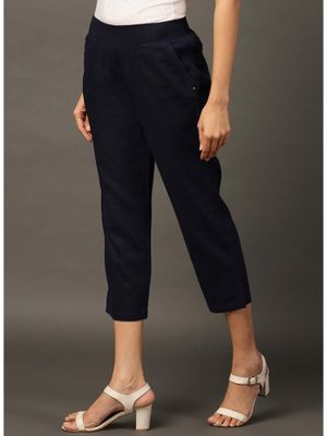 Buy Lakshita Navy Blue Regular Plain Cotton Linen Capri Online