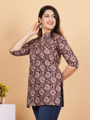 Buy Vbuyz Womens Kalamkari Print Straight Cotton Purple Tunic Online