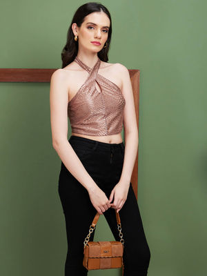 Buy Globus Women Brown Self Design Polyester Halter Neck Party Crop Top ...