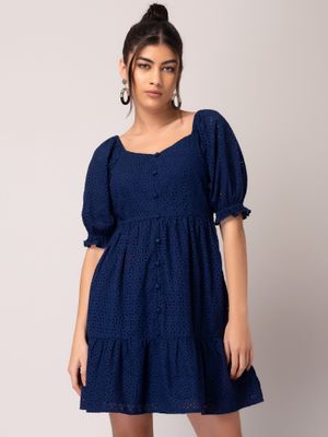 Buy Faballey Navy Blue Schiffli Tiered Dress Online