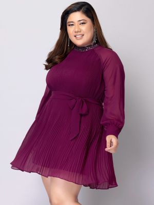 Buy FabAlley Curve Wine Pleated Embellished Belted Dress (Set of 2) Online