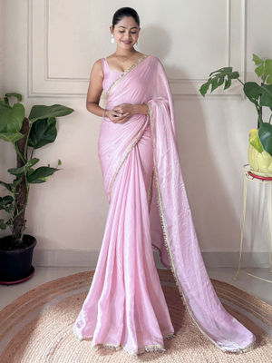 Buy Sareemall Women Paper Silk Pink Embellished Saree with Unstitched ...