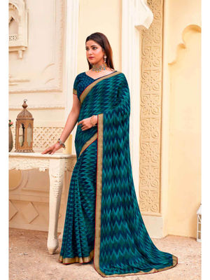Buy Laxmipati Sarees Georgette Firozi Color Abstract Print with Lace ...