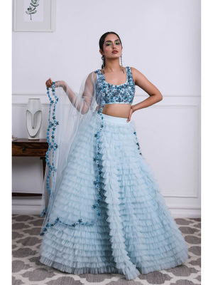 Buy Kiran Kalsi Icy Blue Lehenga with Blouse and Dupatta (Set of 3) Online