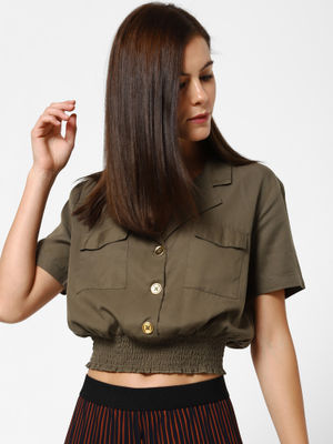 ONLY Tops : Buy Only Olive Collar Neck Crop Top Online |Nykaa Fashion