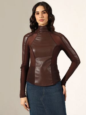 Buy SHOWOFF Women Coffee Brown Faux Leather Sheer Panel Top (XS) Online
