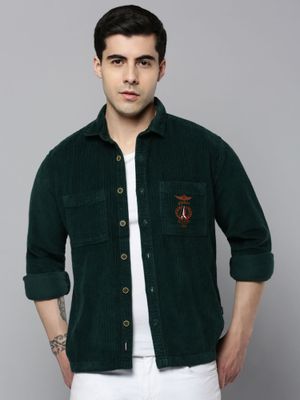 Buy SHOWOFF Mens Spread Collar Green Solid Open Front Shacket online