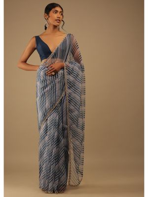 Buy KALKI FASHION Deep Marine Blue Leheria Print Saree In Moti ...