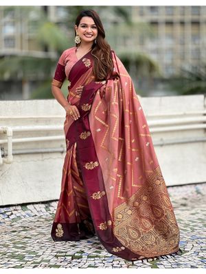 Buy SGF11 Maroon Kanjivaram Pure Soft Silk Saree with Unstitched Blouse ...