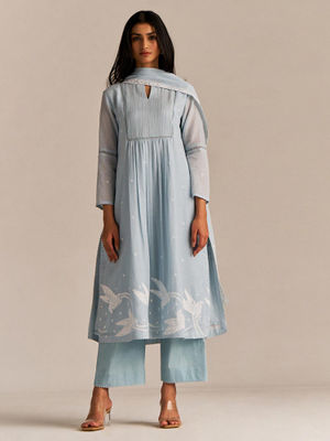 Buy Ganga Fashions Powder Blue Mul-Mul Embroidered Kurta with Pant and ...