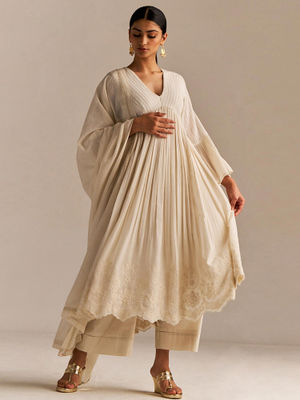 Buy Ganga Fashions Beige Mul-Mul Anarkali Kurta with Palazzo and ...