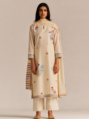Buy Ganga Fashions Pristine Cream Floral Woven Kurta with Palazzo and ...