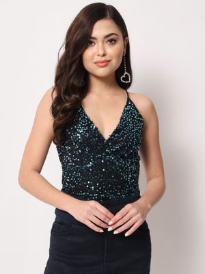 Buy Trend Arrest Blue Sequin Deep Neck Top Online