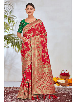 Buy Monjolika Fashion Red Color Banarasi Silk Blend Woven Traditional ...