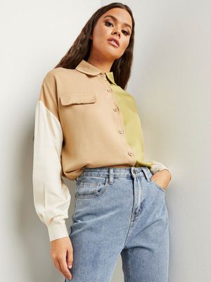 Buy Styli Khaki Colorblock Oversized Longline Shirt Online