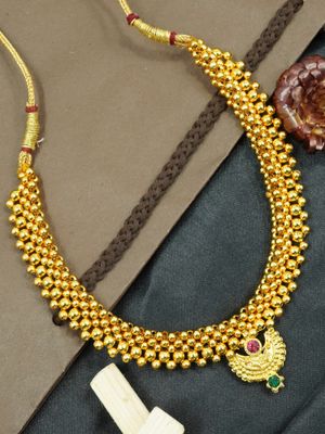 Buy GRIIHAM Gold Plated Green and Pink Maharashtrian Thusi Necklace Online