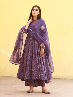 Buy Gulabo Jaipur Sunflower Purple Anarkali Suit (Set of 3) Online