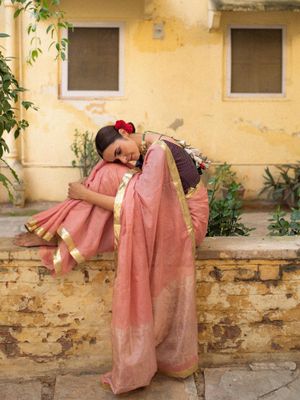 Buy PRIYANKA RAAJIV Nandini Pink Chanderi Tissue Saree with All Over ...