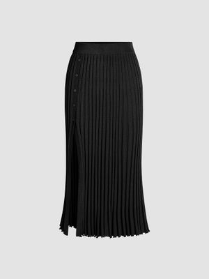 Buy Cider Solid Pleated Split Knitted Midi Skirt (XL) Online