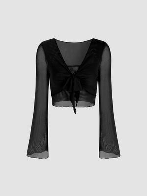 Buy Cider Mesh Knotted Long Sleeve Crop Top (M) Online