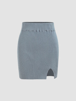 Buy Cider Mid Waist Solid Split Knitted Mini Skirt (S) Online