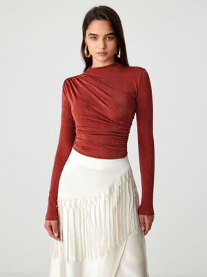 Buy Cider Stand Collar Ruched Long Sleeve Tee (L) Online