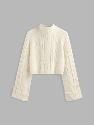 Buy Cider High Neck Solid Cable Knit Long Sleeve Crop Sweater (S) Online