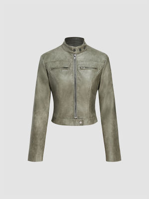 Buy Cider Faux Leather Stand Collar Zipper Biker Jacket (M) Online