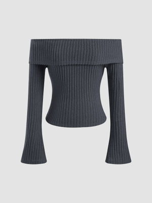 Buy Cider Off-Shoulder Solid Long Sleeve Top (S) Online