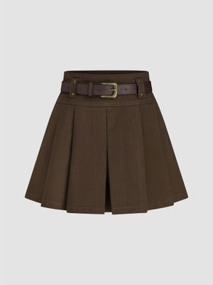 Buy Cider Mid Waist Solid Pleated Skort with Belt (S) Online