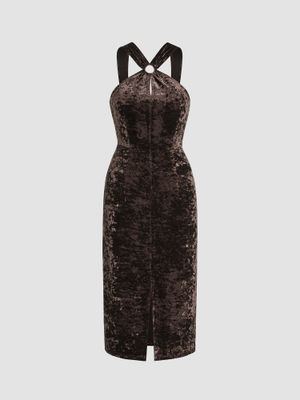 Buy Cider Velvet V-Neck Solid Backless Midi Dress (S) Online
