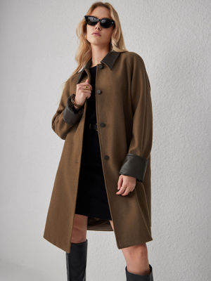 Buy Cider Faux Leather Collar Solid Pocket Shacket (S) Online