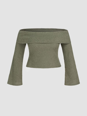 Buy Cider Off-Shoulder Solid Knitted Long Sleeve Top Curve & Plus (1XL ...
