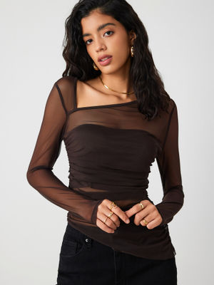 Buy Cider Mesh Asymmetrical Neck Long Sleeve Top (S) Online