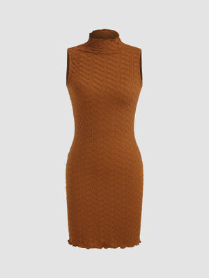 Buy Cider High Neck Texture Solid Mini Dress (S) Online