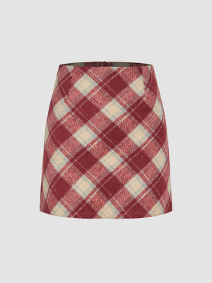 Buy Cider Wool-Like Textured High Waist Plaid Zipper Mini Skirt (S) Online