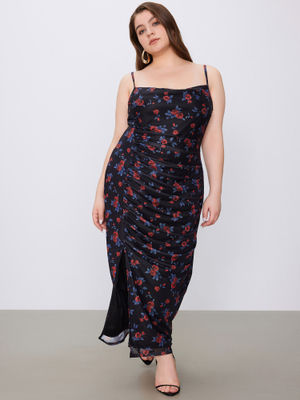 Buy Cider Mesh Cowl Neck Floral Split Ruched Midi Dress Curve & Plus ...
