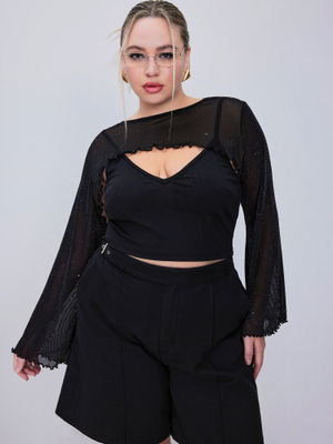 Buy Cider Solid V-Neck Crop Top & Mesh Lettuce Trim Glitter Shrug Curve & Plus (XL) Online