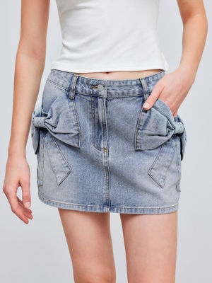 Buy Cider Denim Low Rise Solid Bowknot Mini Skirt (S) Online