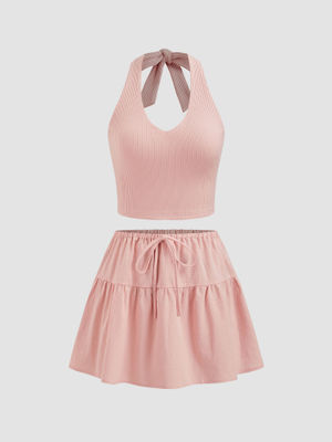 Buy Cider Cotton-Blend Halter Solid Knotted Crop Top & Mid Rise Ruffle Mini Skirt (Set of 2) (S ...