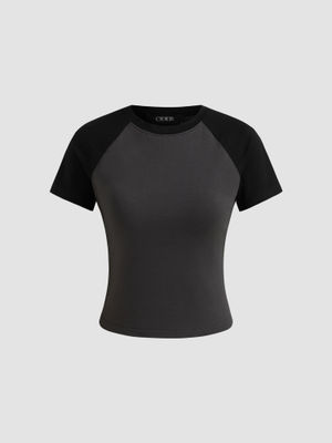 Buy Cider Cotton-Blend Round Neckline Two Tone Solid Short Sleeve Tee (L) Online