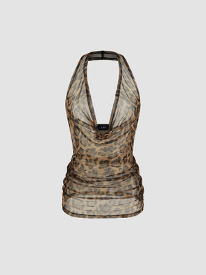 Buy Cider Mesh Halter Cowl Neck Leopard Ruched Top (S) Online